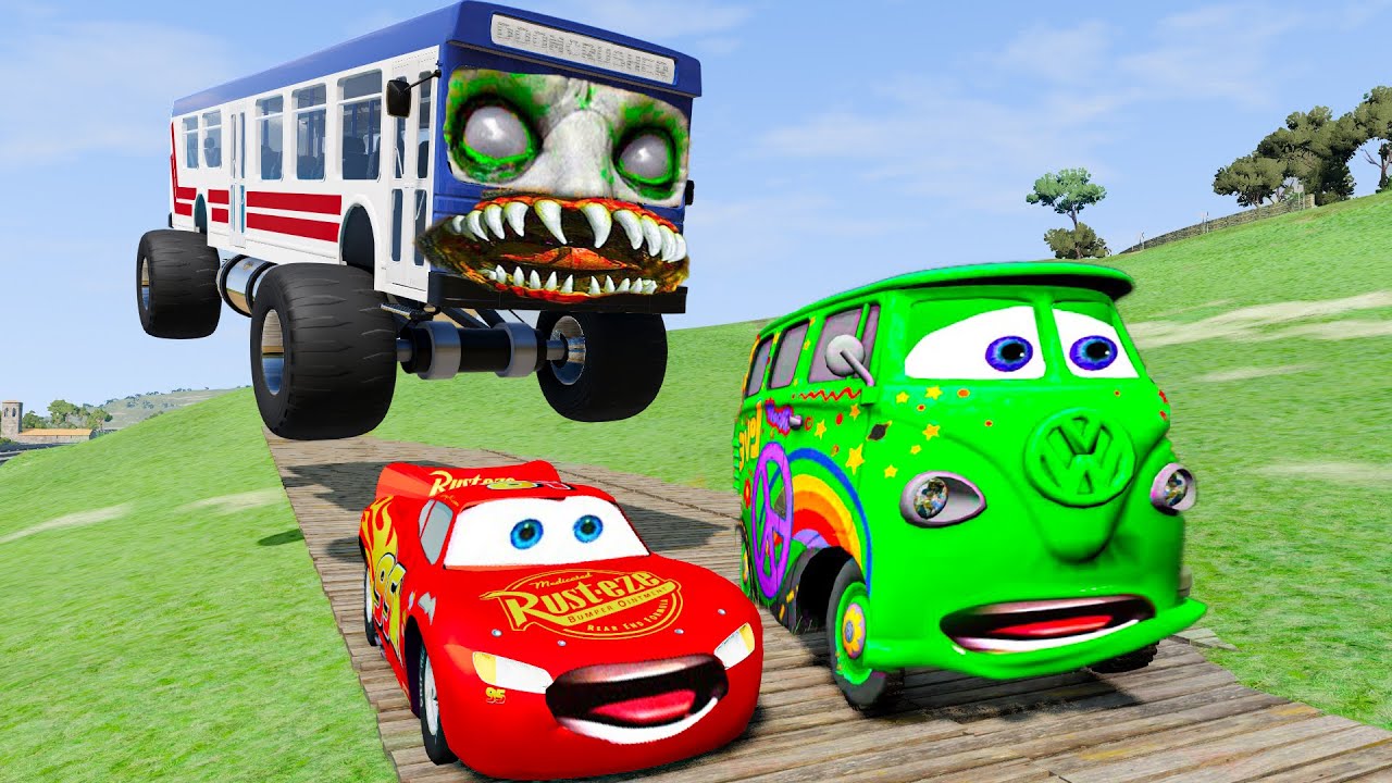 Angry Big Wheel Monster Bus vs Lightning McQueen and FILLMORE Friends ...
