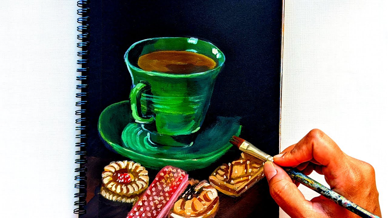 Coffee Cup and Cookies | Still life - Acrylic painting for beginners ...