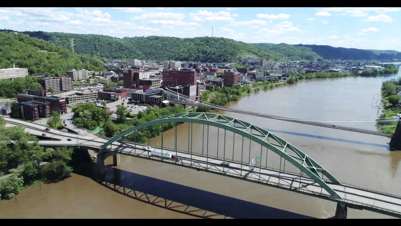 Wheeling, West Virginia Drone Footage of The Fort Henry Bridge Over the ...