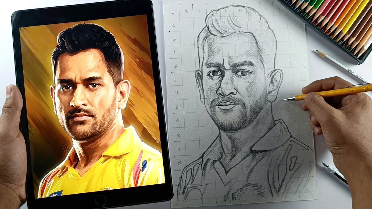 How To Draw MS Dhoni, Dhoni Drawing (Outline Tutorial) - YouTube