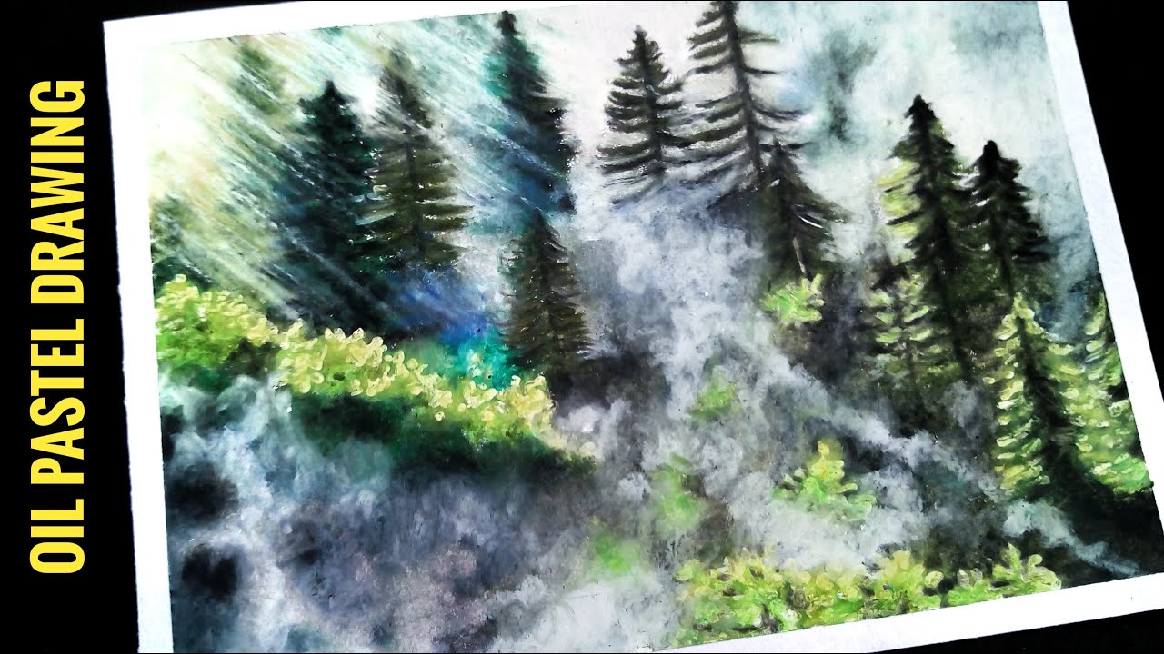 How to draw Mist forest landscape for beginners | Oil Pastel Drawing ...