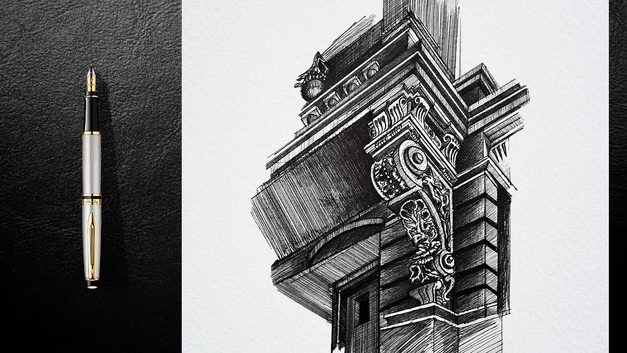 How to pen sketch Architectural element ( detailed balcony support ...