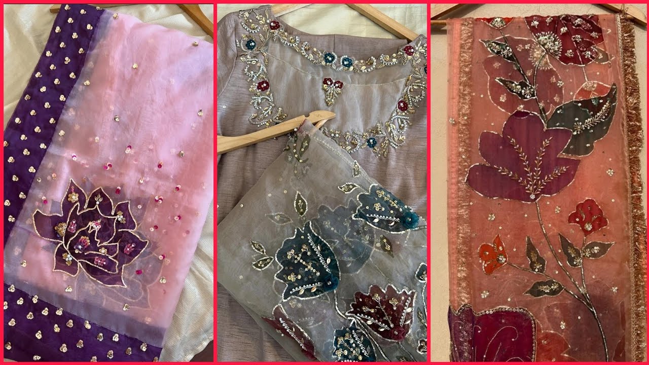 Hand painted dupata with cut dana embroidery - Hand embellished dupata ...