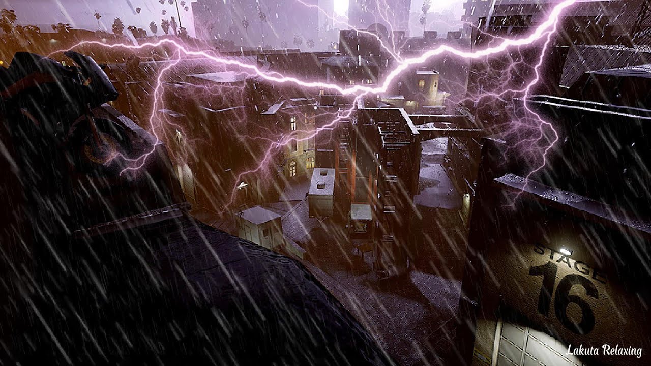 Heavy rainstorm on a small town with lightning flashed & thunder ...