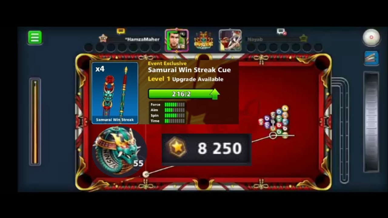8 Ball Pool Samurai Win Streak Cue Level 216 pieces Max🤩 55 rings💪 ...