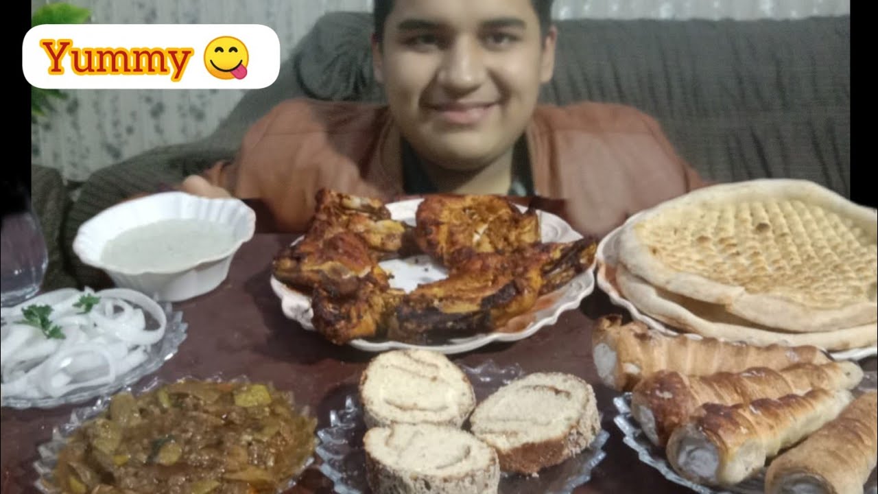 eating roasted chicken🍗with naan|cake🎂|cream roll|Mukbang |food ...