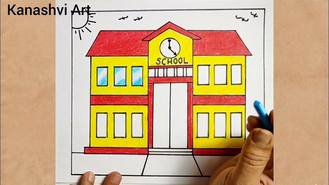 School Drawing / My School Drawing / How to Draw a School Easy Step By ...