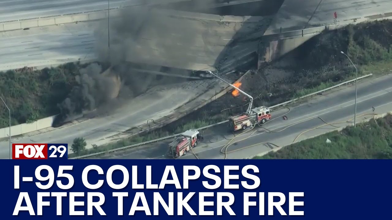 Portion of I-95 collapses in Philadelphia after tanker truck fire - YouTube