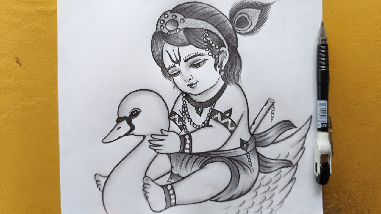 How to draw Krishna with cute Swan - Step by || Krishna janmastami ...
