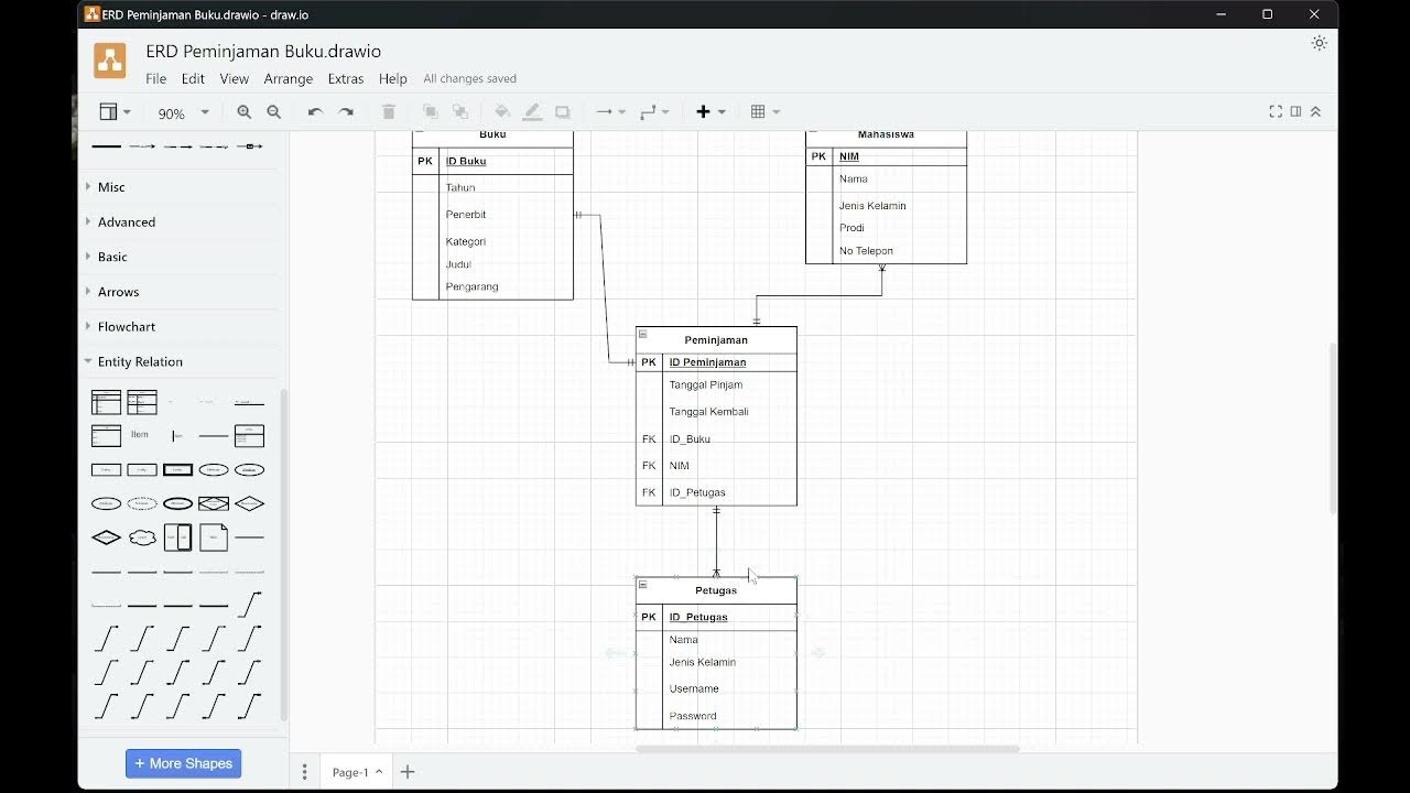 membuat ERD peminjaman buku menggunakan draw.io - YouTube