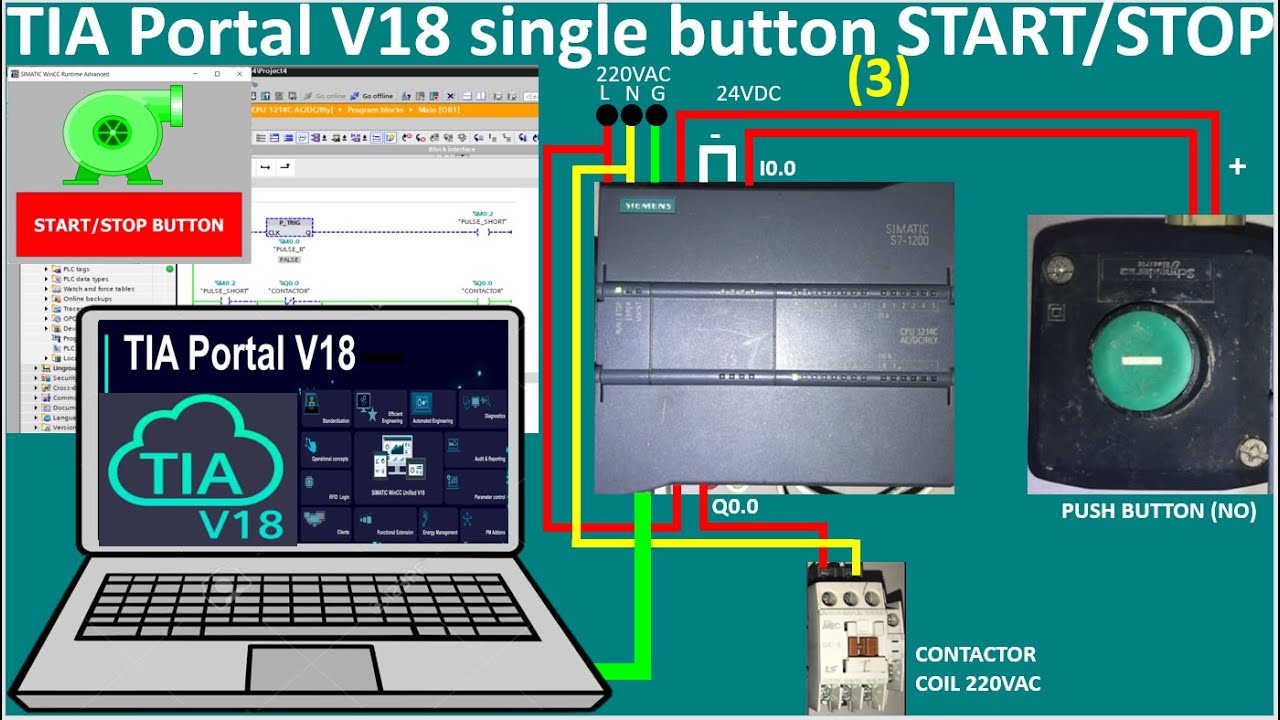 TIA Portal V18| PLC S7-1200| Single push button programming for control contactor third method ...