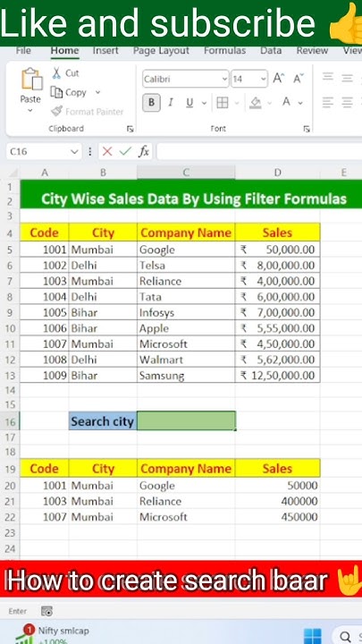 Create search baar in Ms-excel l l Excel formula for freshers #excelformula #exceltips - YouTube