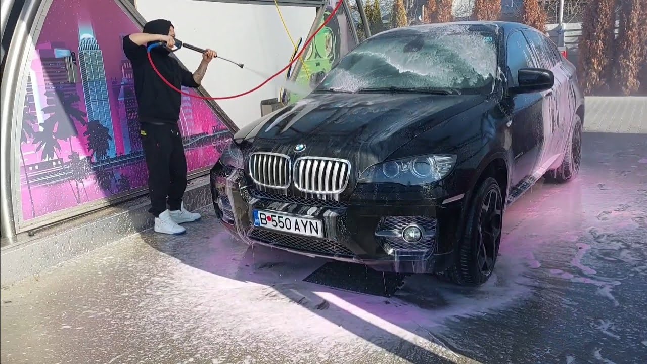 Self Car Washing BMW X6 E71 black, with pink thick snow foam with ...