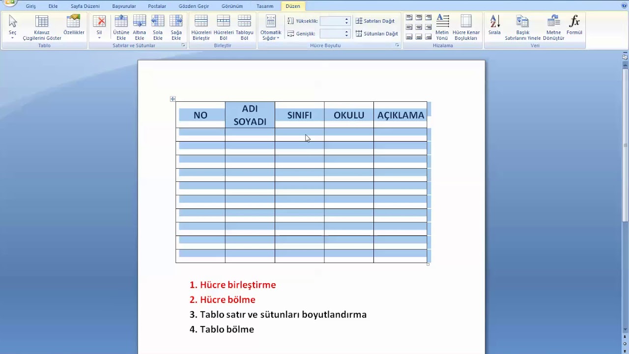 13 - Word Ekle Sekmesi - Tablo Satır ve Sütunları boyutlandırma - YouTube