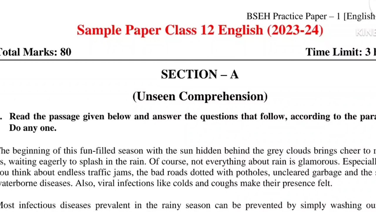 sample paper class 12th English 23-24, English new sample paper haryana ...
