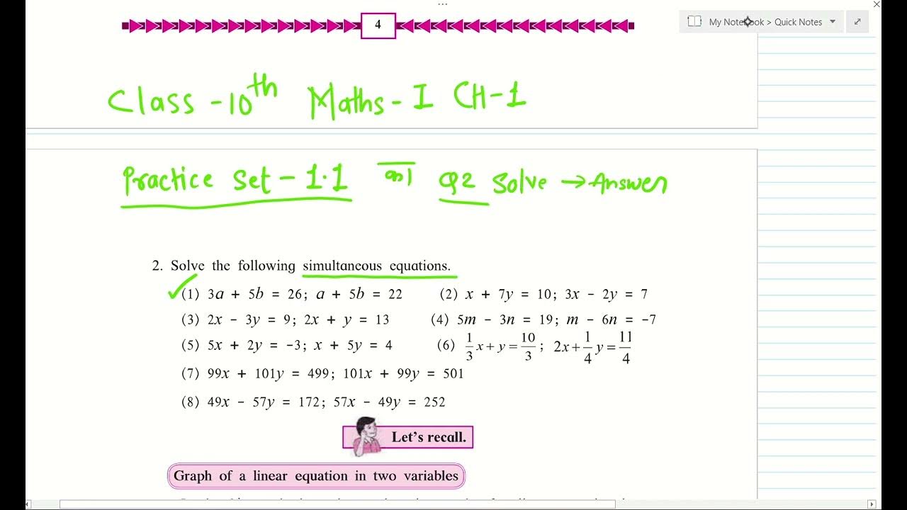 class 10 maths 1 practice set 1.1 Q2 - 1 solution || linear equations in two variables | - YouTube