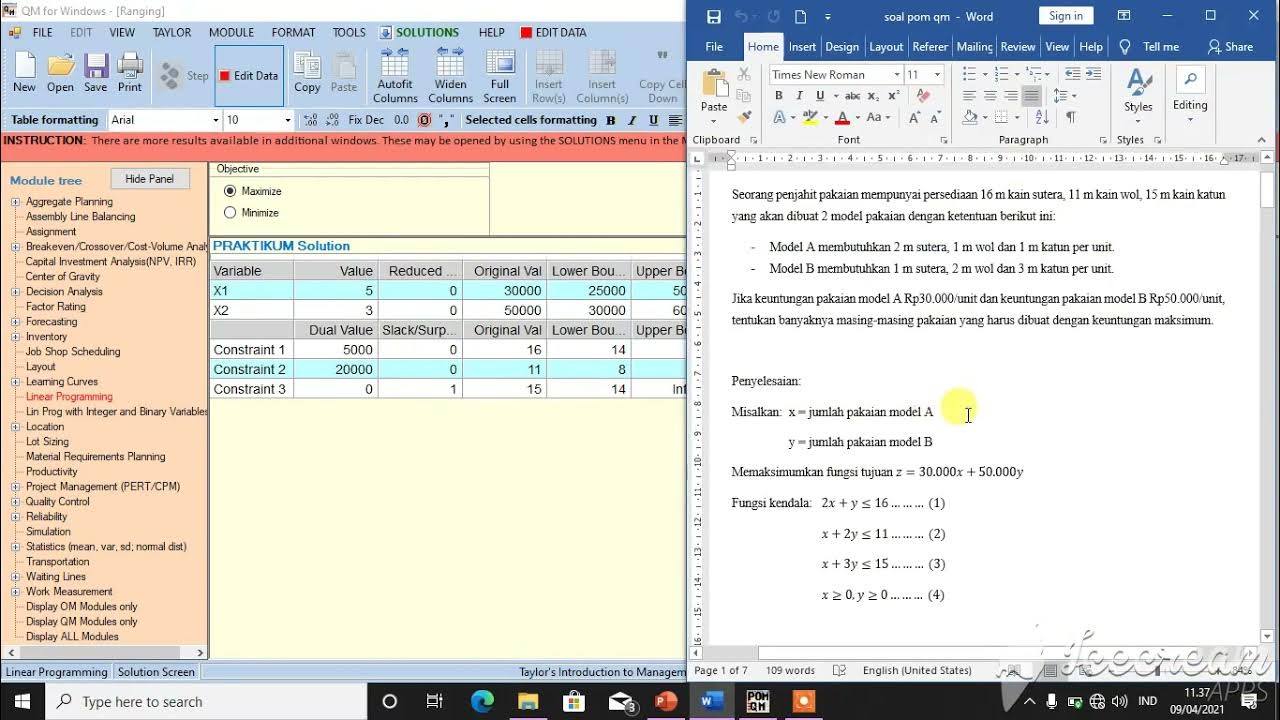 tutorial menyelesaikan program linear dengan aplikasi pom qm - YouTube