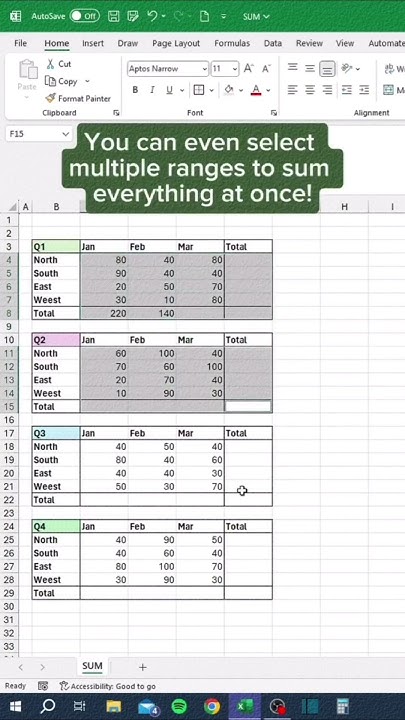 Auto Sum Shortcut in Excel #exceltips #exceltricks #spreadsheets #hack #tutorial #sheets # ...