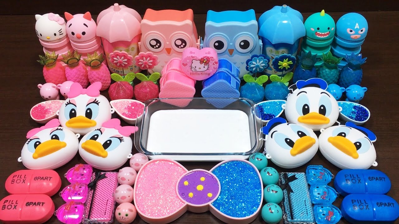 Donald Duck Slime Pink vs Blue | Mixing Makeup and Glitter into Slime ...