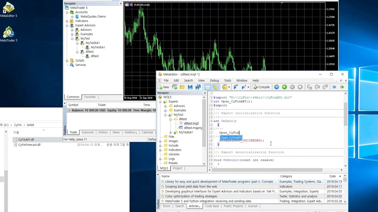 MQL5 MetaTrader5 importing VC++ DLL example CyFinAPI - YouTube