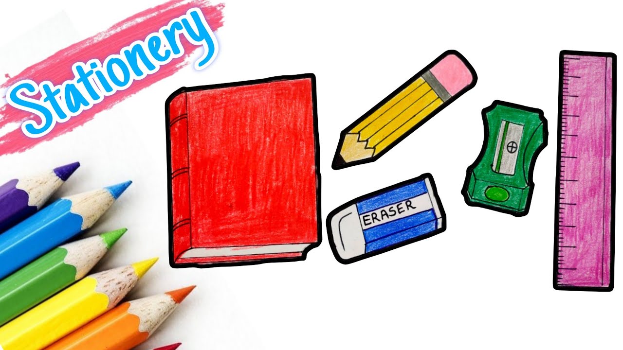 How To Draw A Stationery Items 📙 ️📏 Easily With Pencil Colours | Kid's ...