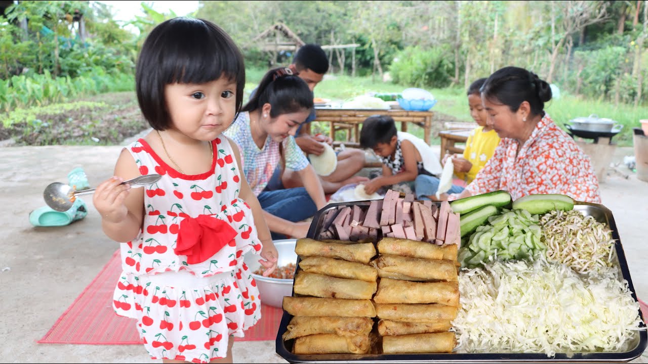 Cute girl Siv Chhee help us to make yummy spring rolls with noodle ...