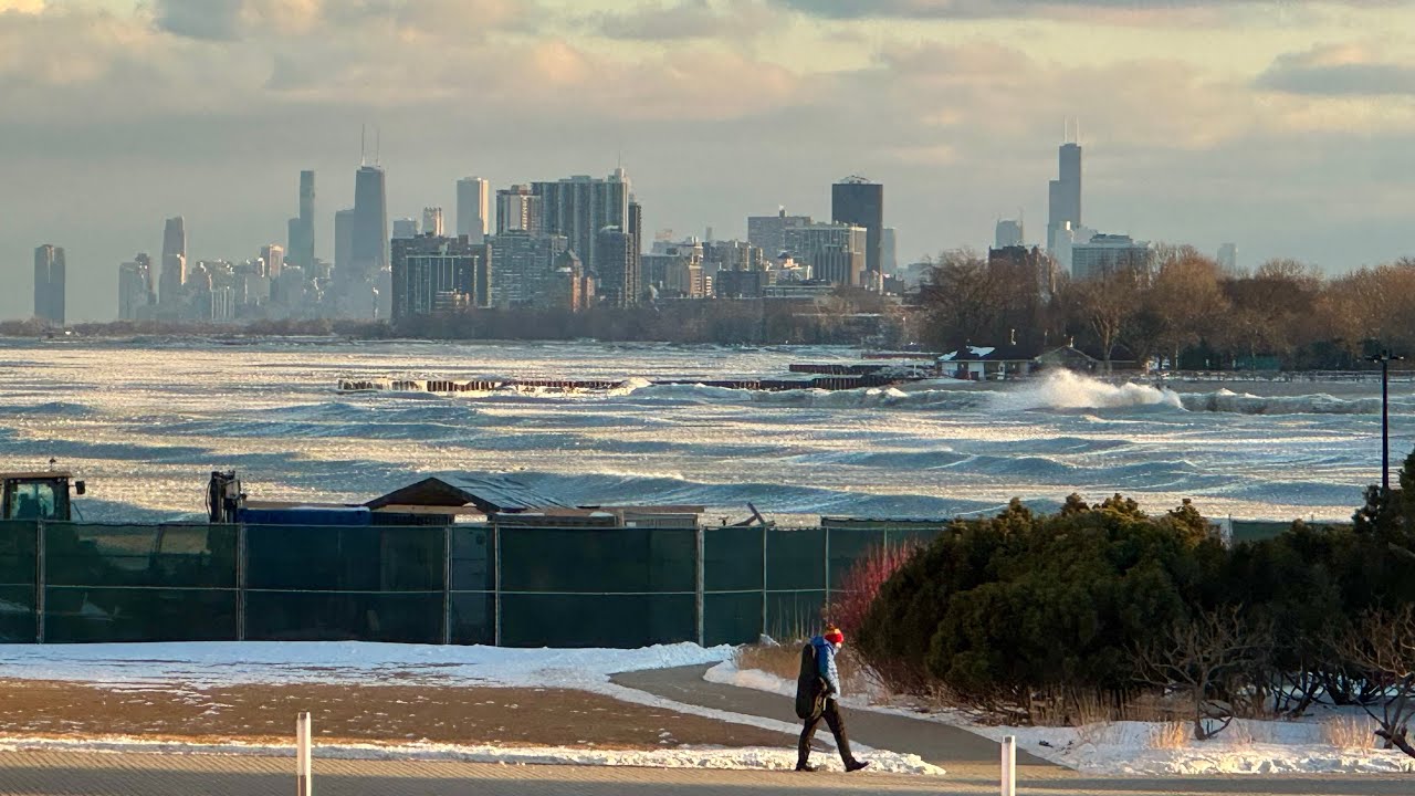 Lake Michigan lakefront-Chicago skyline-icy crashing waves February 16 ...