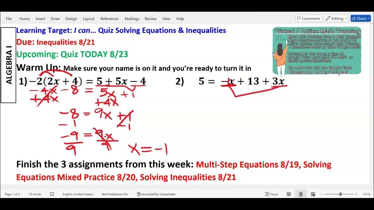 8/23/24 A1 Quiz Solving Equations & Inequalities #mrglee - YouTube