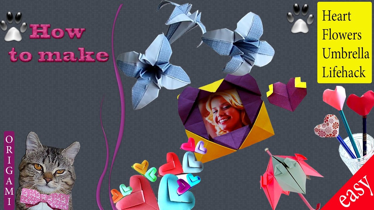 Easy origami for children. Heart, flowers, trash can, umbrella and ...