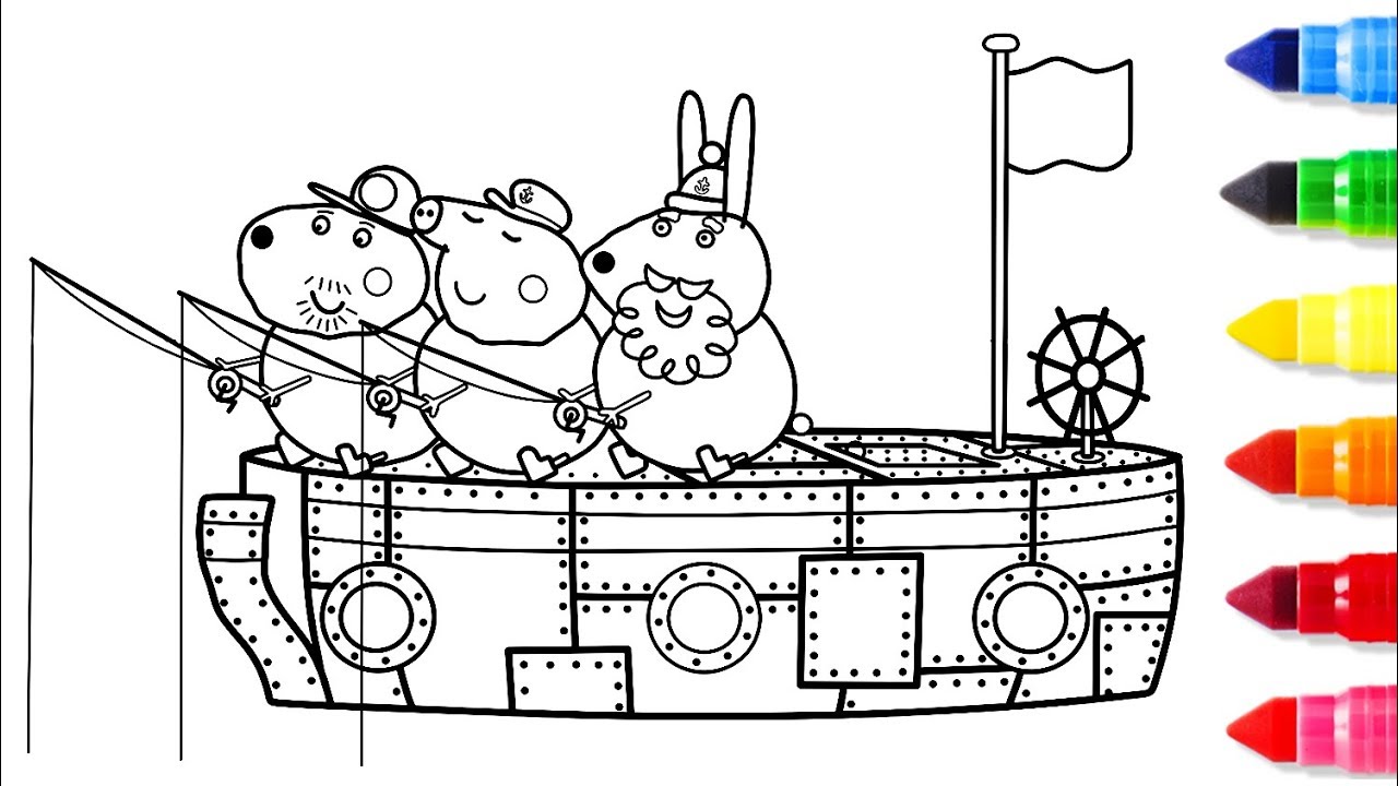 Drawing and Coloring Peppa Pig Fishing on a Boat to Learn Colors ...