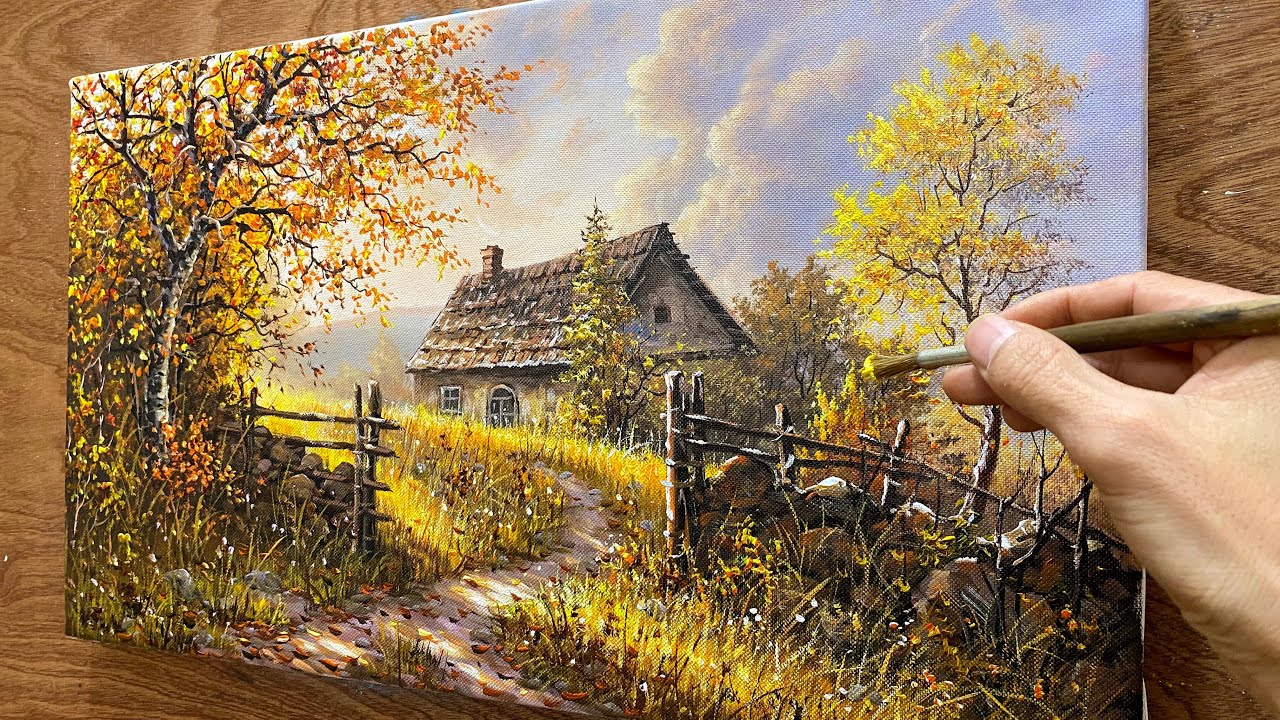 How to draw a house on a hill - Landscape painting / Acrylic painting ...