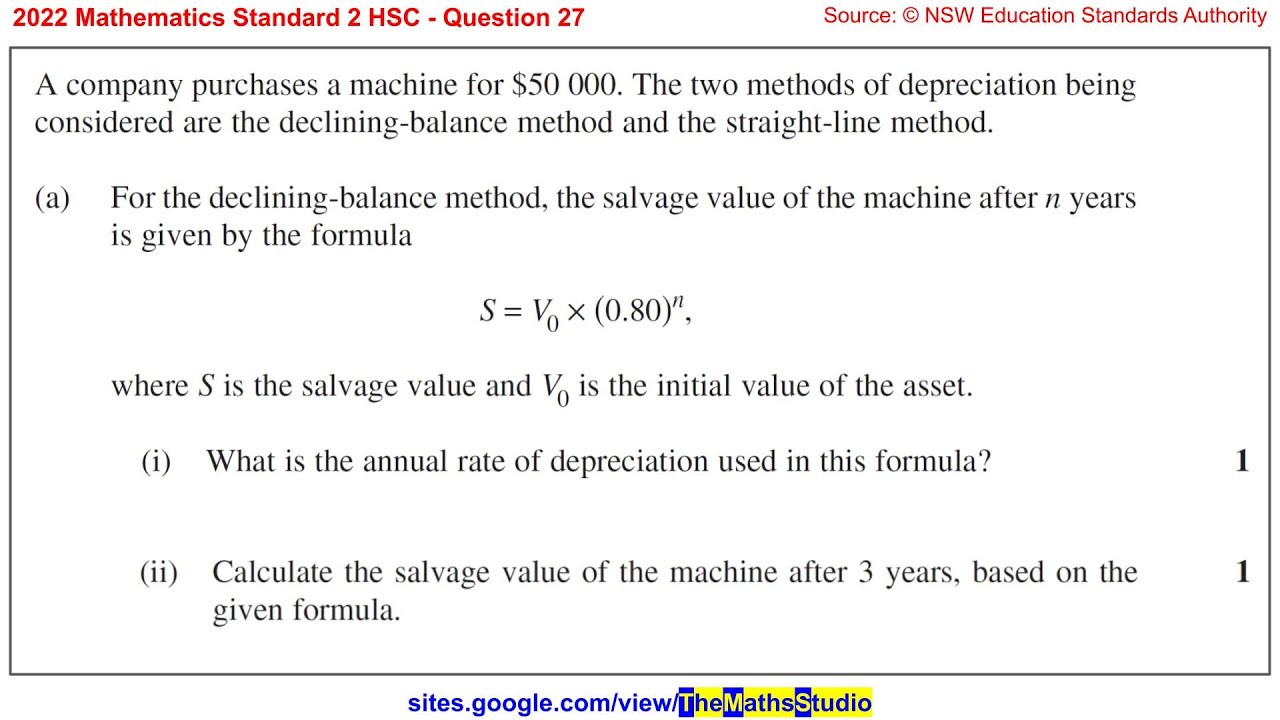 2022 Maths Standard 2 HSC Q27 Compare salvage values declining-balance ...