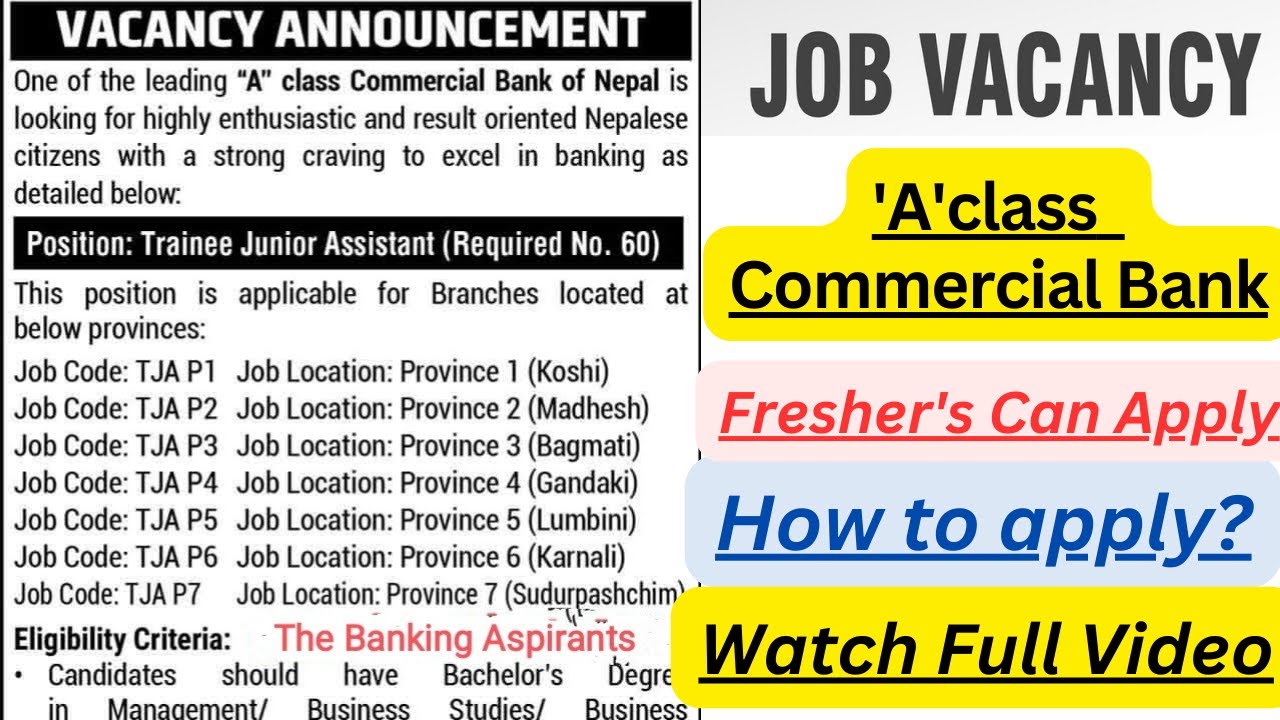 Vacancy at 'A' class Commercial Bank | Junior Trainee Assistant Vacancy ...
