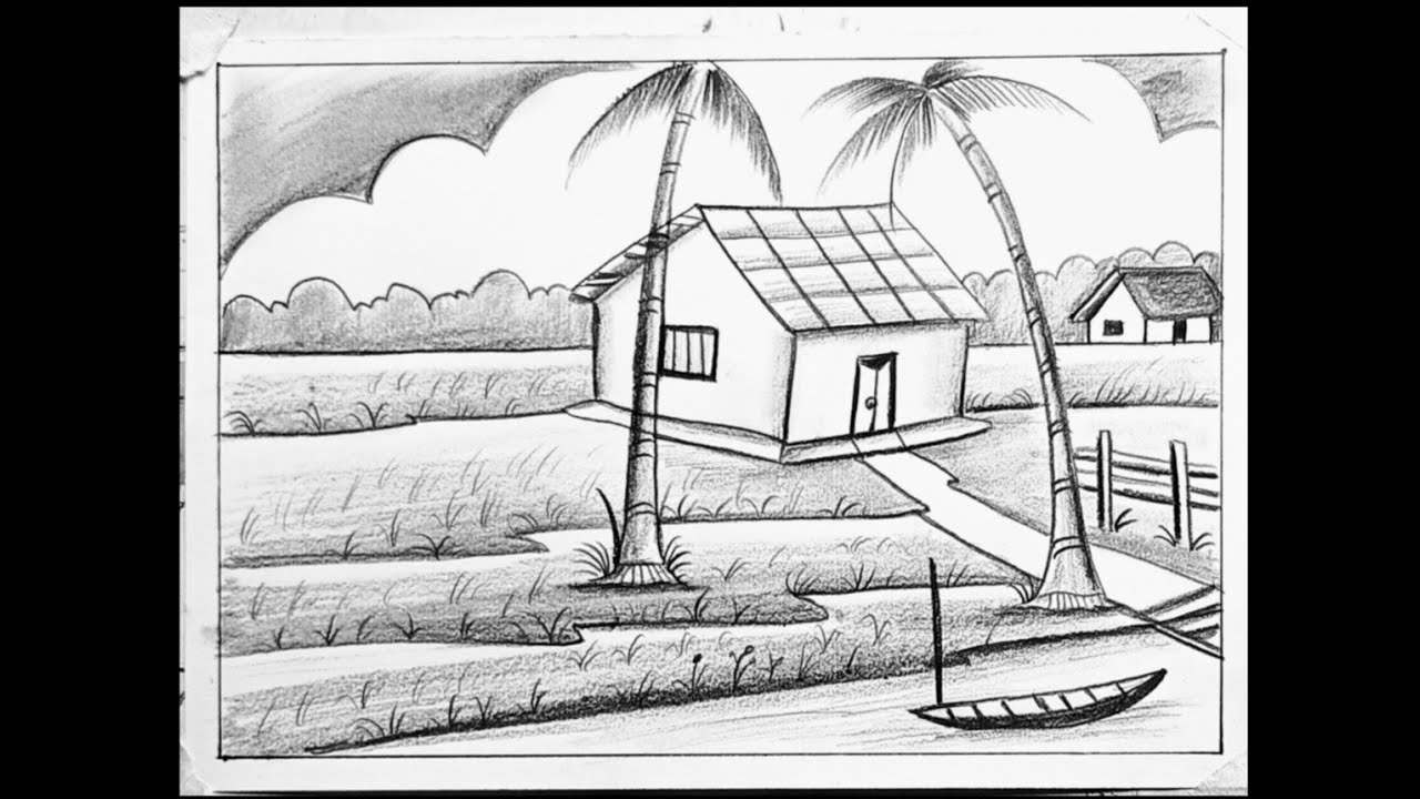 How to draw a fields scenery drawing with pencil - YouTube