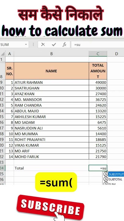Excel Mein Sum Kaise Kare | Easy Method to Calculate Sum in Excel - YouTube