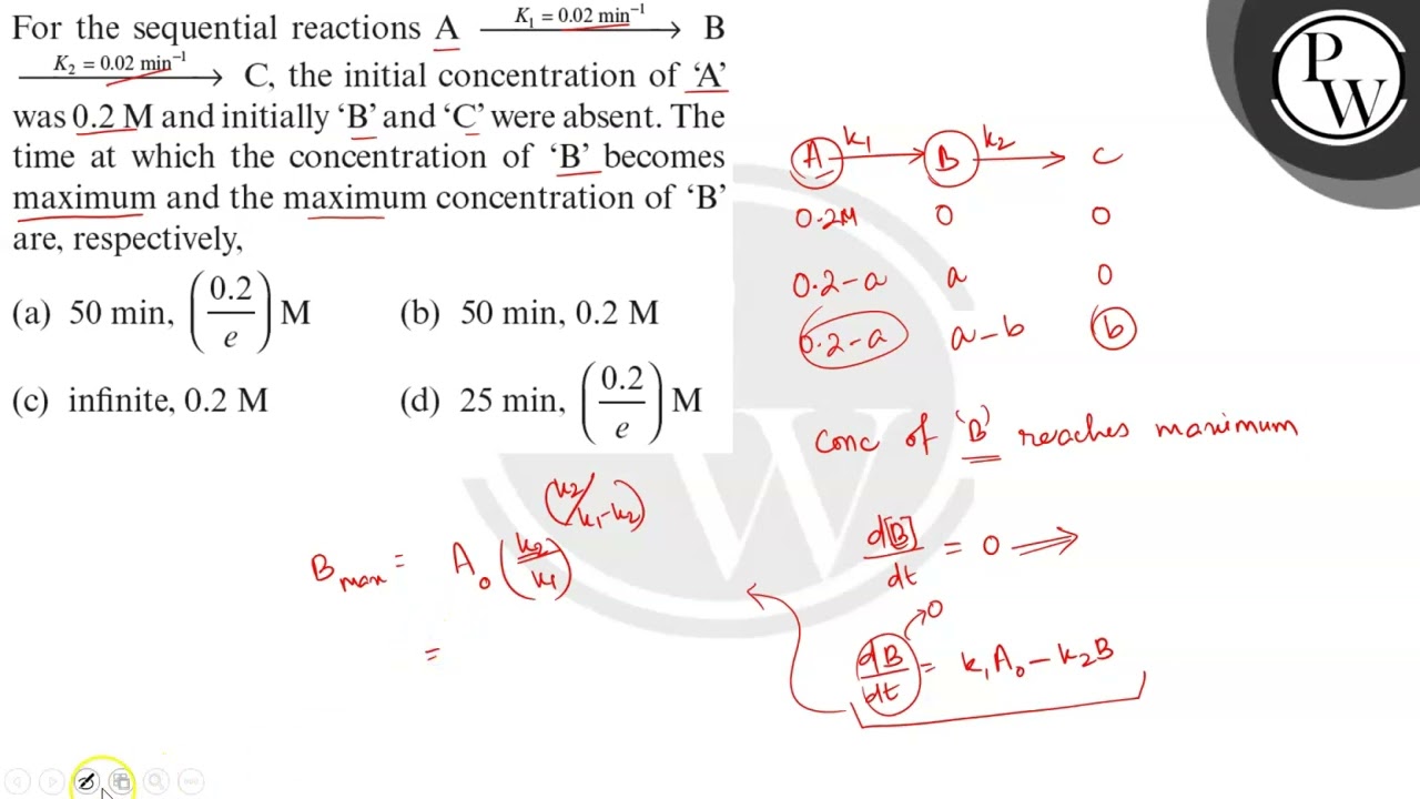 For the sequential reactions \( \mathrm{A} \stackrel{K_{1}=0.02 \mi ...