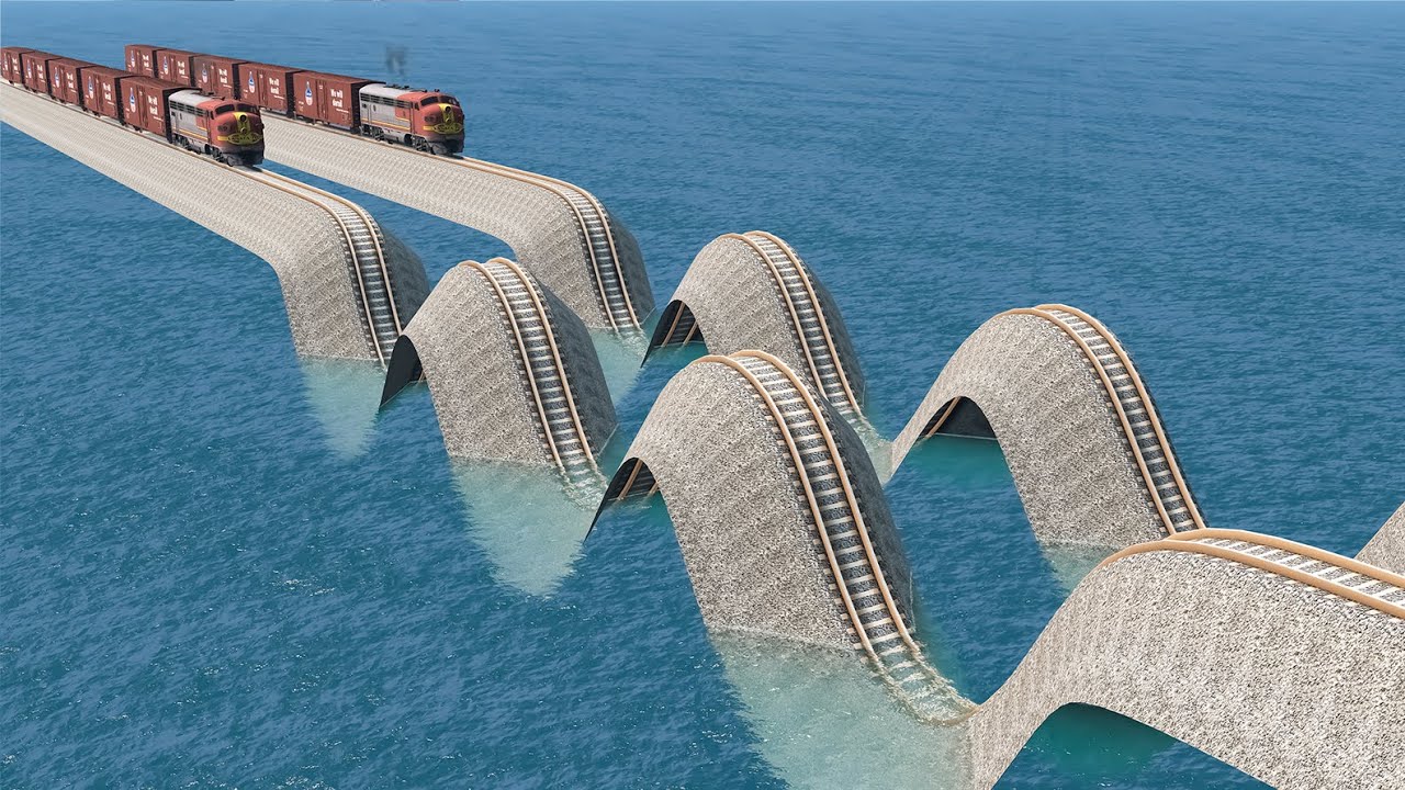 Double Wave Rail Tracks Vs Train Crossing loop path Deep Water - BeamNG ...