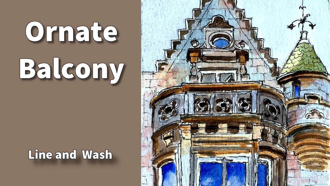 how to draw and paint an ornate balcony in line and wash - YouTube
