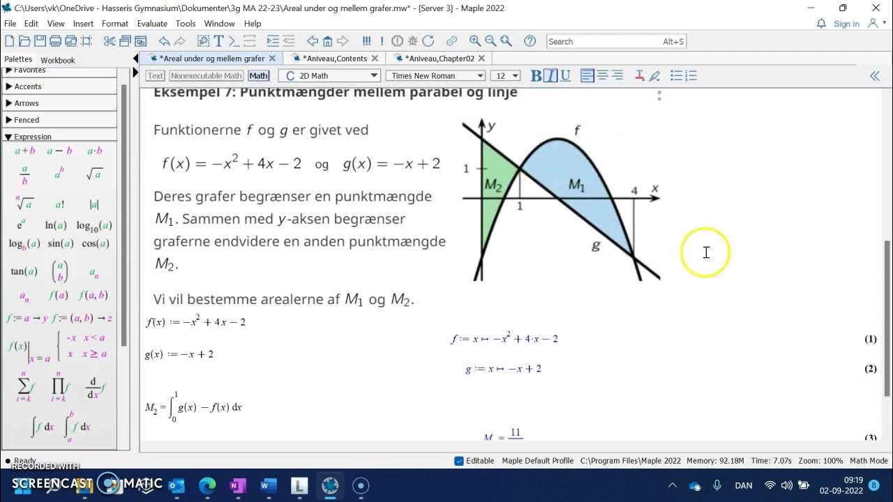 Areal mellem to funktioner i Maple - YouTube