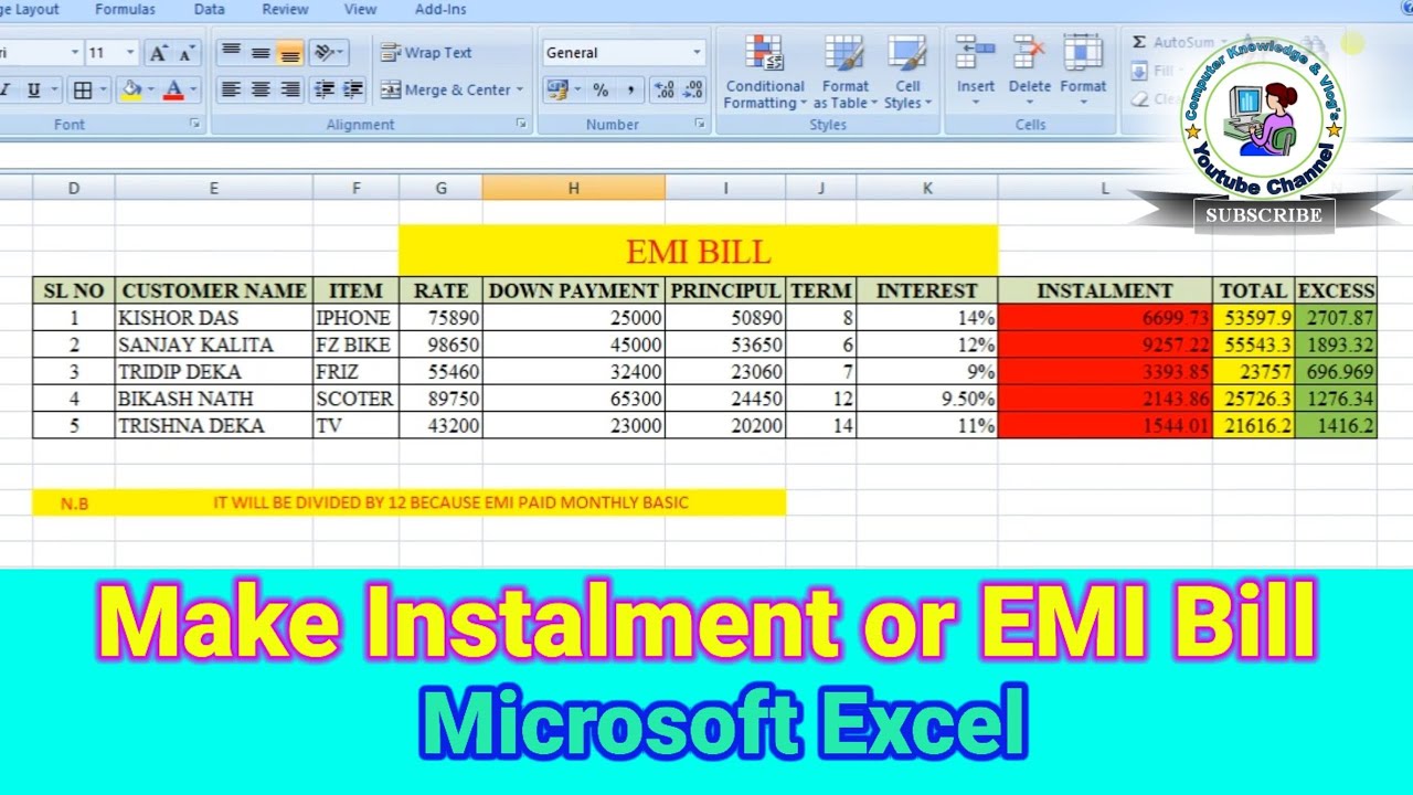 How to Make Instalment or EMI Sheet in MS Excel ।। Instalment Sheet ...
