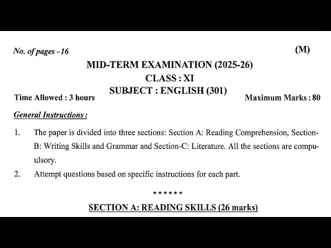 Class 11th English mid term exam question paper 11th English 2025-26 ...