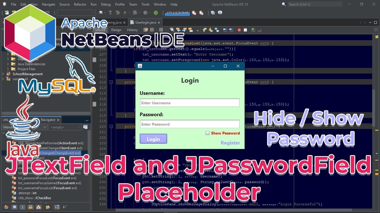 Netbeans 18 Add Placeholder To Jtextfield And Jpasswordtextfield Youtube