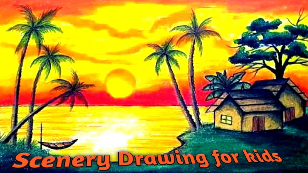 Sunset scenery drawing for children - YouTube
