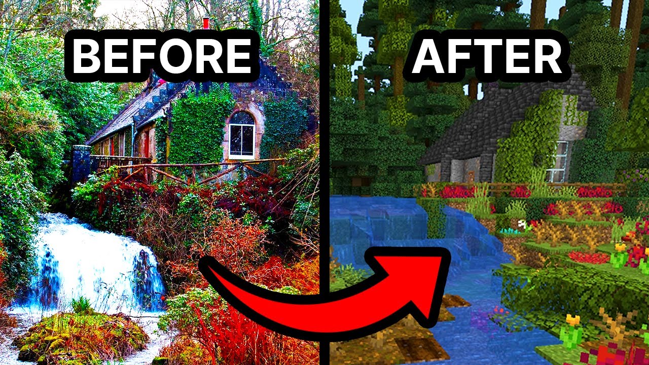 I made a Minecraft cottage waterfall diorama based off an image I saw ...