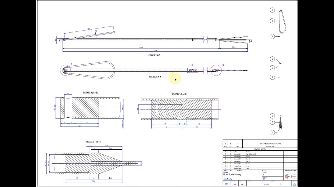 Exercise Drawing Make Pole Spearfishing - Step 1 Part - Assembly - Assy ...
