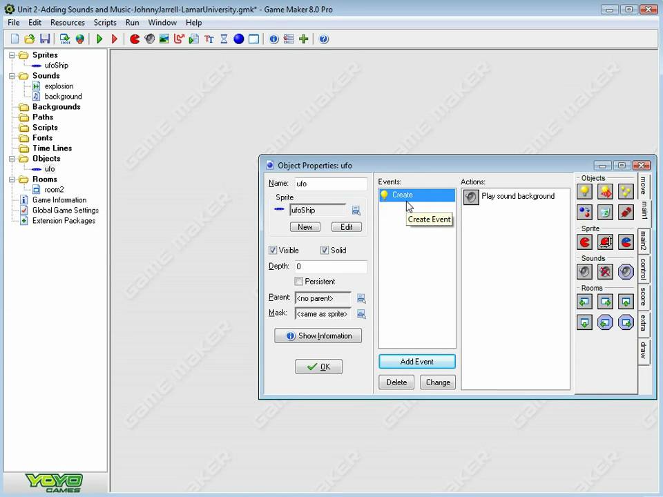Unit 2-Adding Sounds and Music in Gamemaker 8 - YouTube