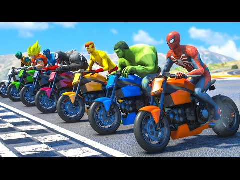 Spiderman, Hulk Racing Motorcycles Jump Over The Ocean Challenge with SUPERHEROES