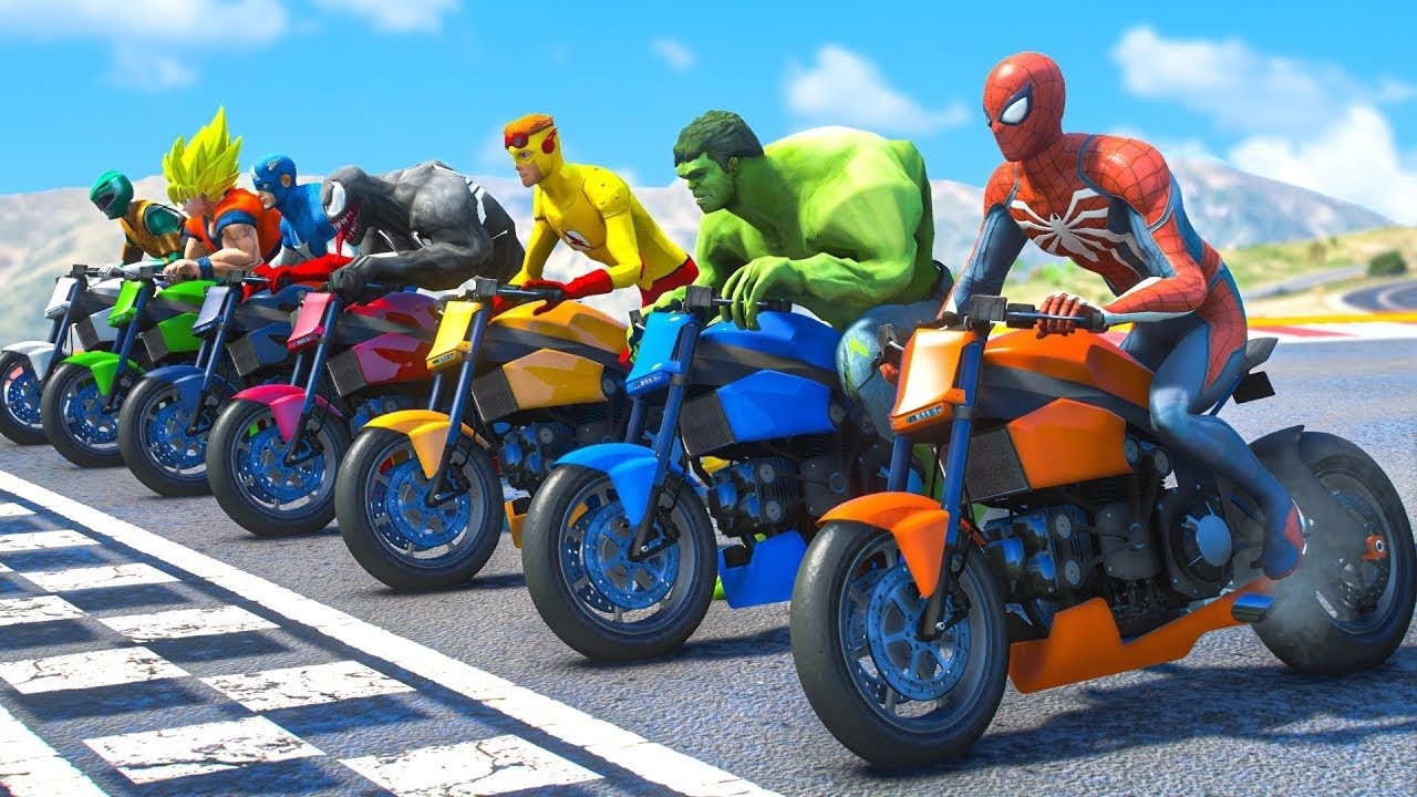 Spiderman, Hulk Racing Motorcycles Jump Over The Ocean Challenge with ...