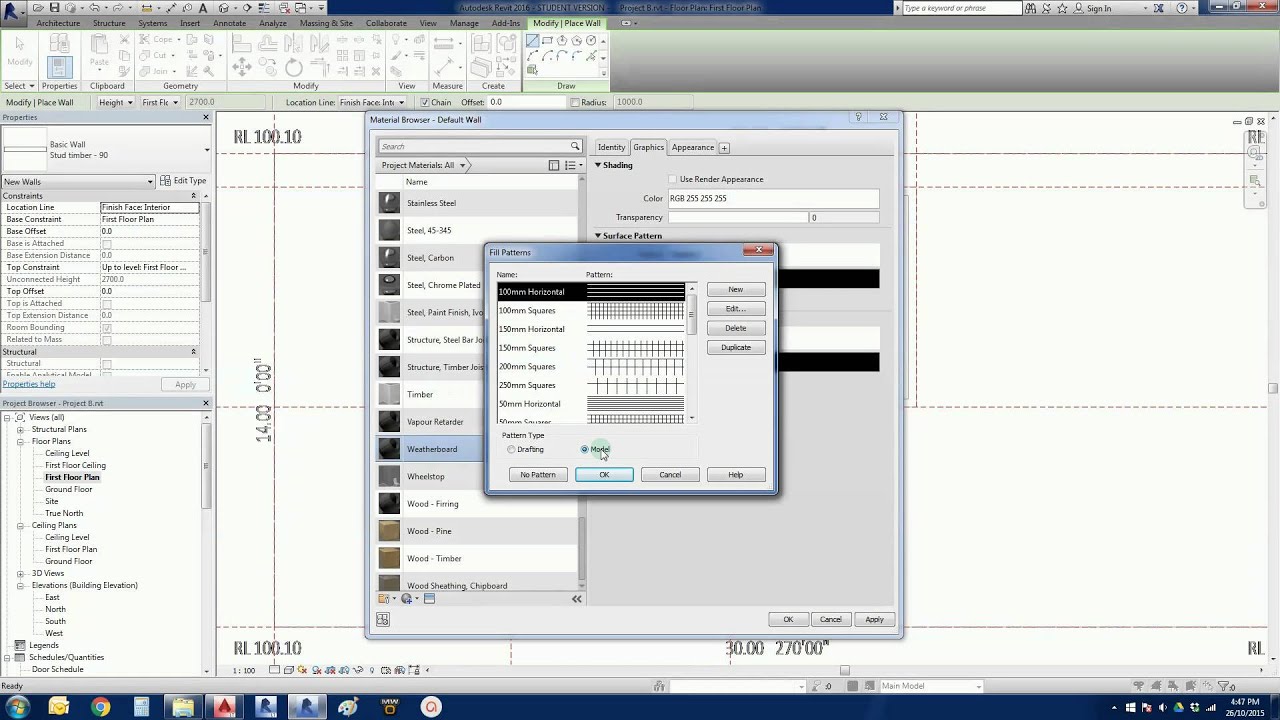 Revit 2016 - Project B #10: Create a New Wall Type, Fill Patterns ...
