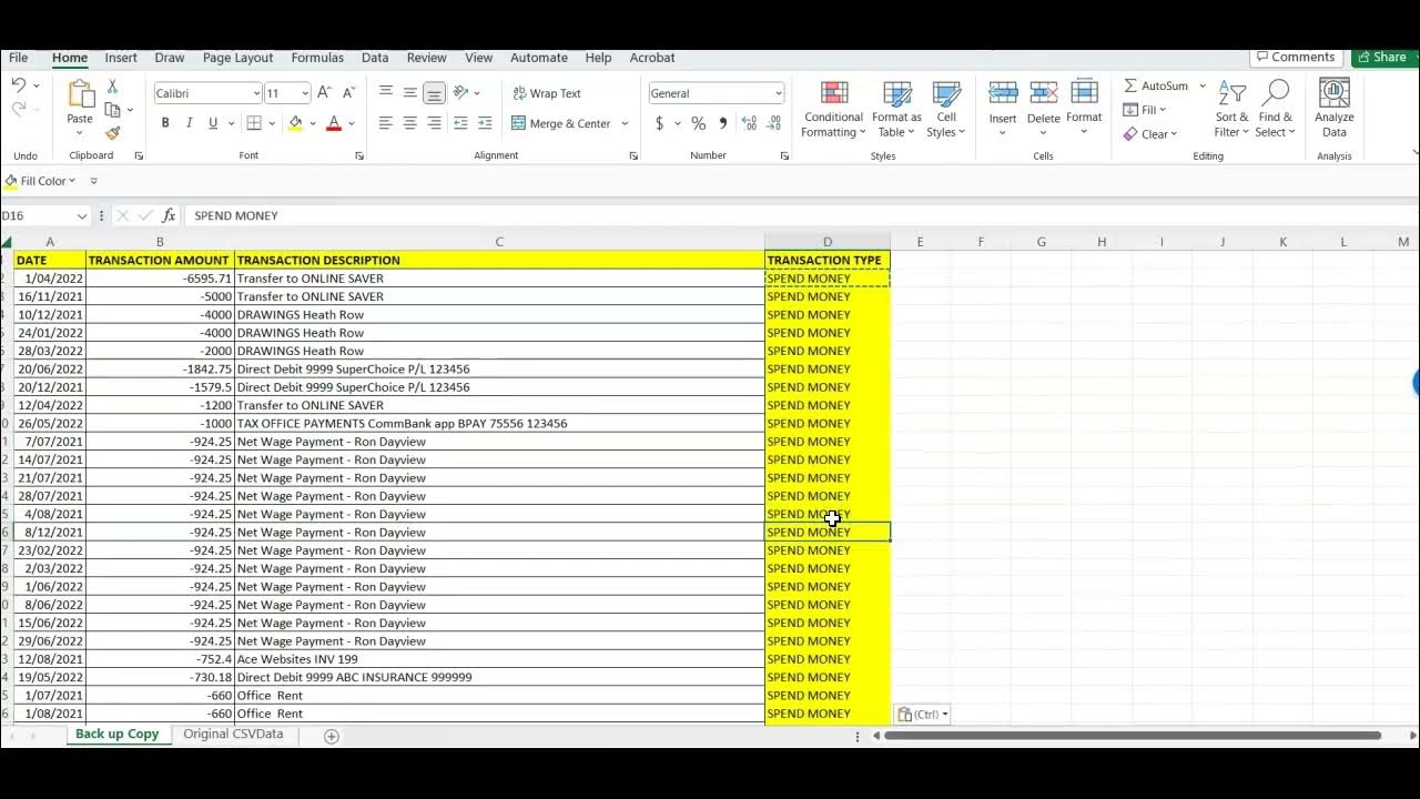 Bank Account Transaction Data Excel File - Sort Received Money vs Spend Money - YouTube